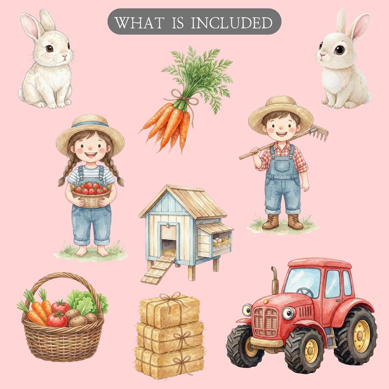 Cute Little Farm Watercolor Clipart: Baby Animals, Barn & Tractor for ...