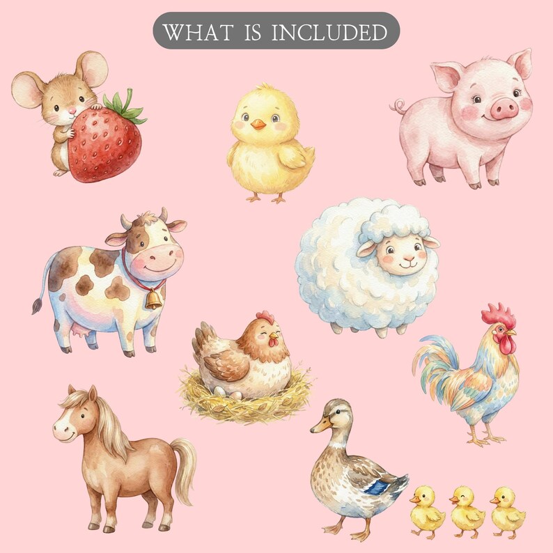 Cute Little Farm Watercolor Clipart: Baby Animals, Barn & Tractor for ...