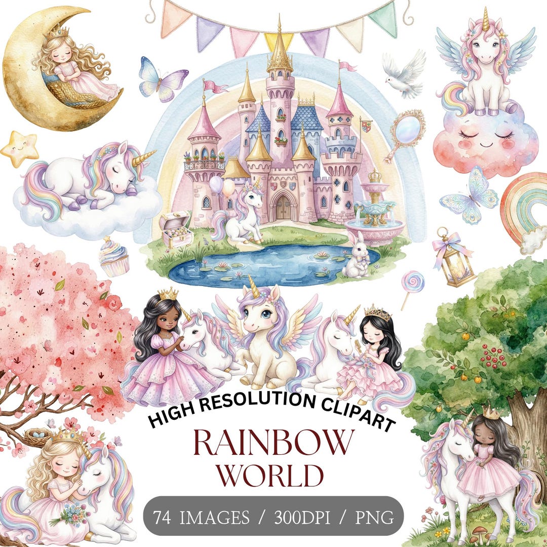 Watercolor Unicorn and Princess Clipart Set — Magical Rainbow World ...