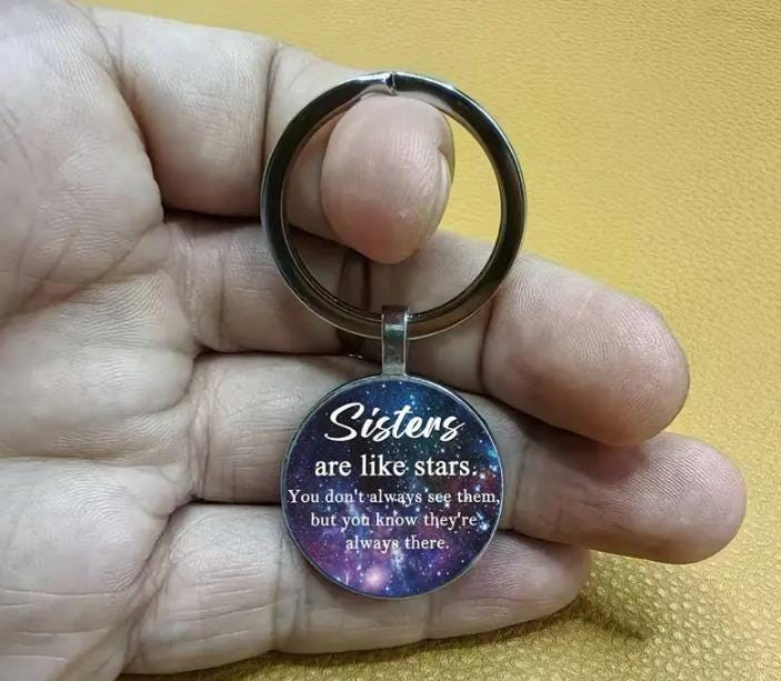 Sister's Keychain - 'sisters Are Like Stars' Round Glass Keyring, Blue ...