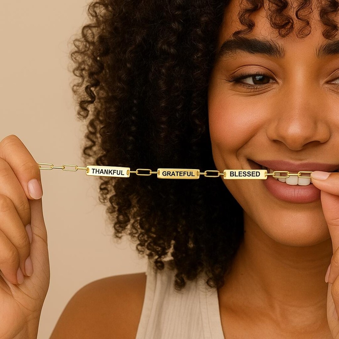 Thankful Grateful Blessed Bracelet, Gold Bar Gratitude Jewelry ...