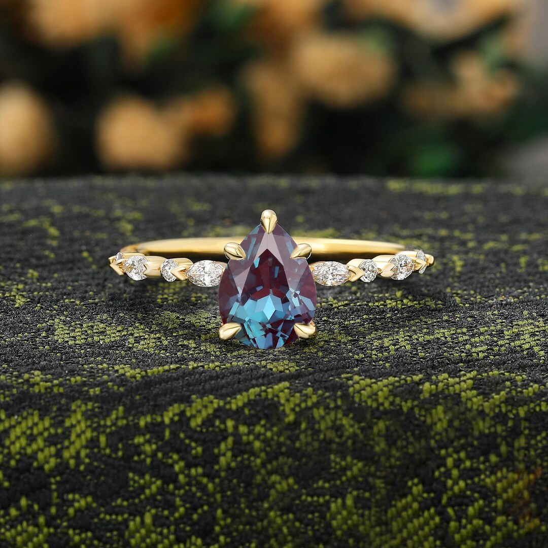 Pear Alexandrite Engagement Ring, Marquise Diamond Half Eternity Ring ...