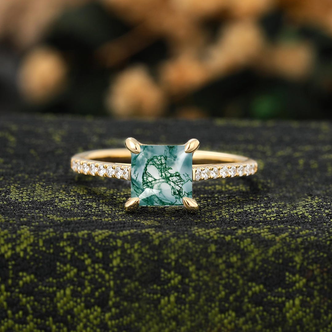 Princess Cut Moss Agate Engagement Ring, Half Eternity Moissanite ...