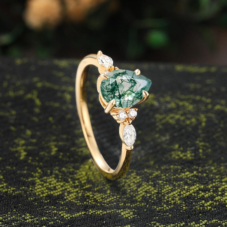Pear Shaped Moss Agate Engagement Ring, Marquise Cut Diamond Yellow ...
