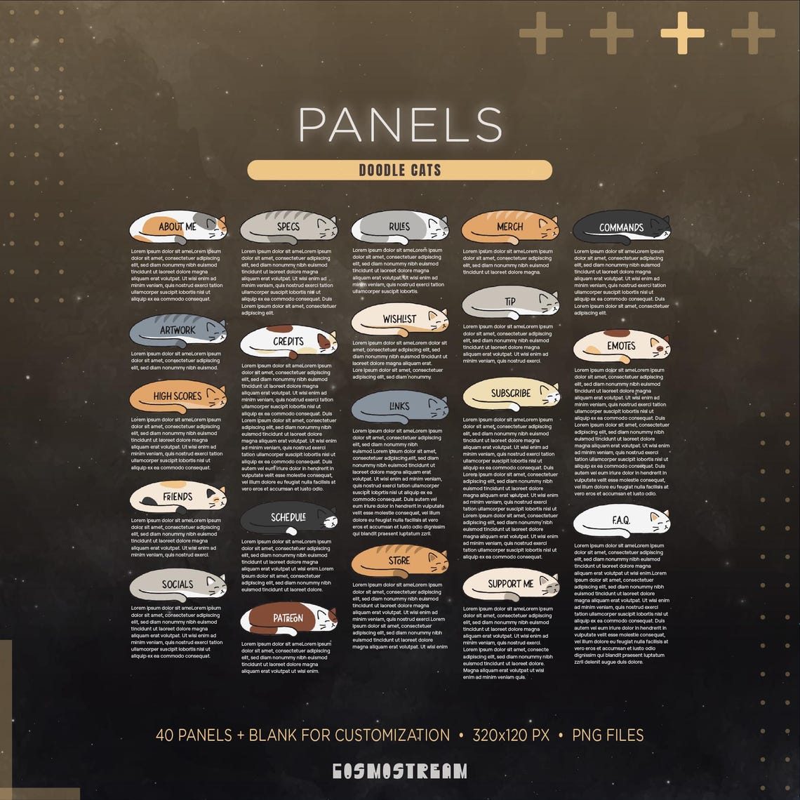 40 Colorful Doodle Cats Hand Drawn Twitch Panels for Kitty Themed ...