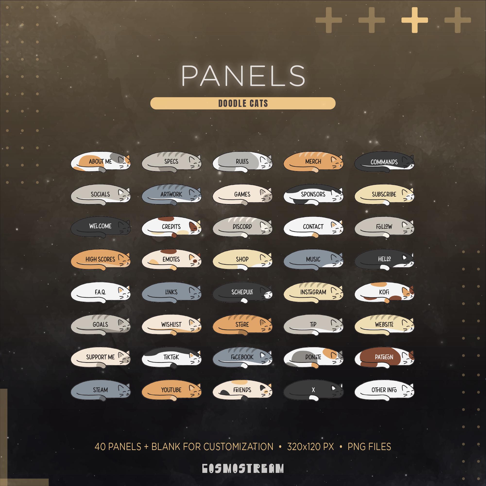 40 Colorful Doodle Cats Hand Drawn Twitch Panels for Kitty Themed ...