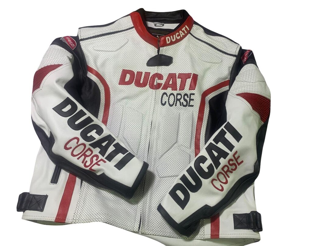 Leather Motorcycle Racing Jacket | White Black Red Biker Jacket ...