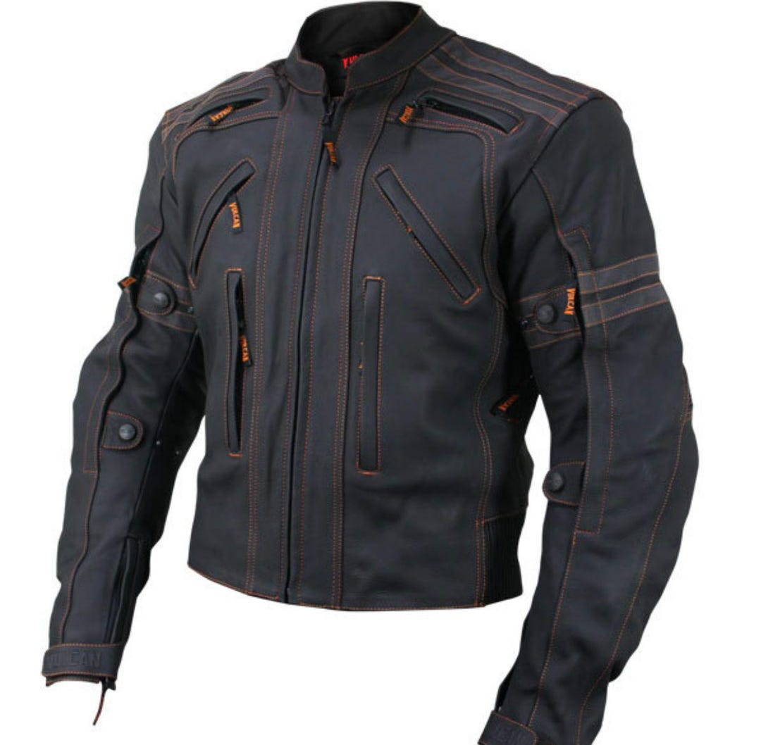 Black Armored Motorcycle Leather Jacket With Orange Stitching Biker ...