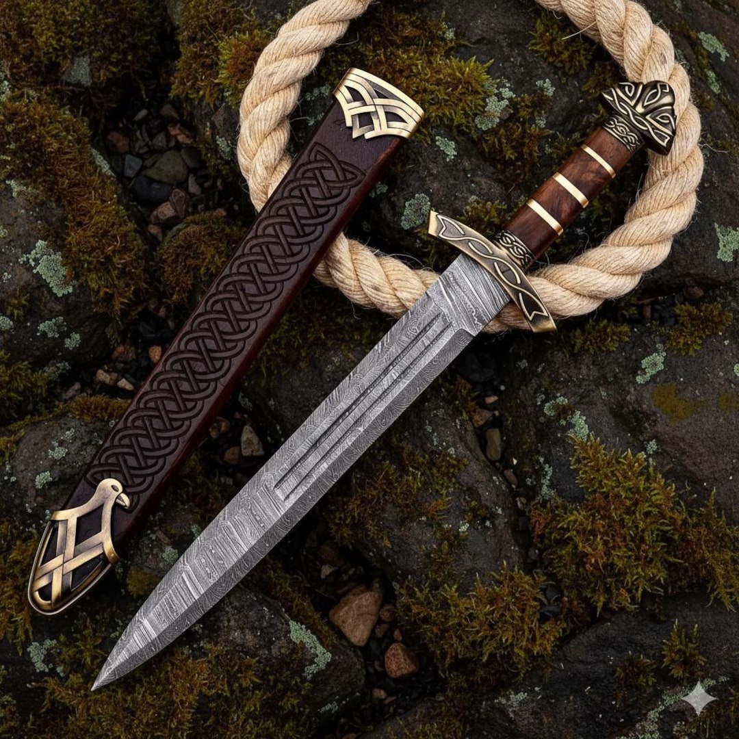 Handmade Damascus Steel Short Sword: Viking Medieval Full Tang With ...