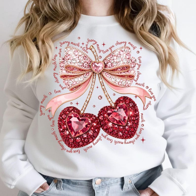 Lazo de cereza de San Valentín con diamantes de imitación PNG, diseño ...