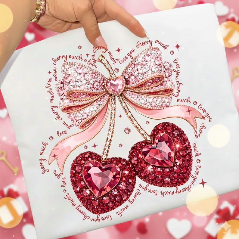 Lazo de cereza de San Valentín con diamantes de imitación PNG, diseño ...