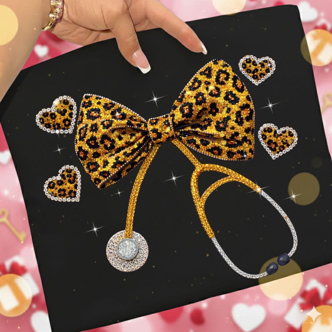 Rhinestone Leopard Nurse Stethoscope Bow Valentine Png, Sparkle Glitter ...