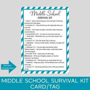 Printable Middle School Survival Kit Card/tag Faith Filled Kit, Back to ...