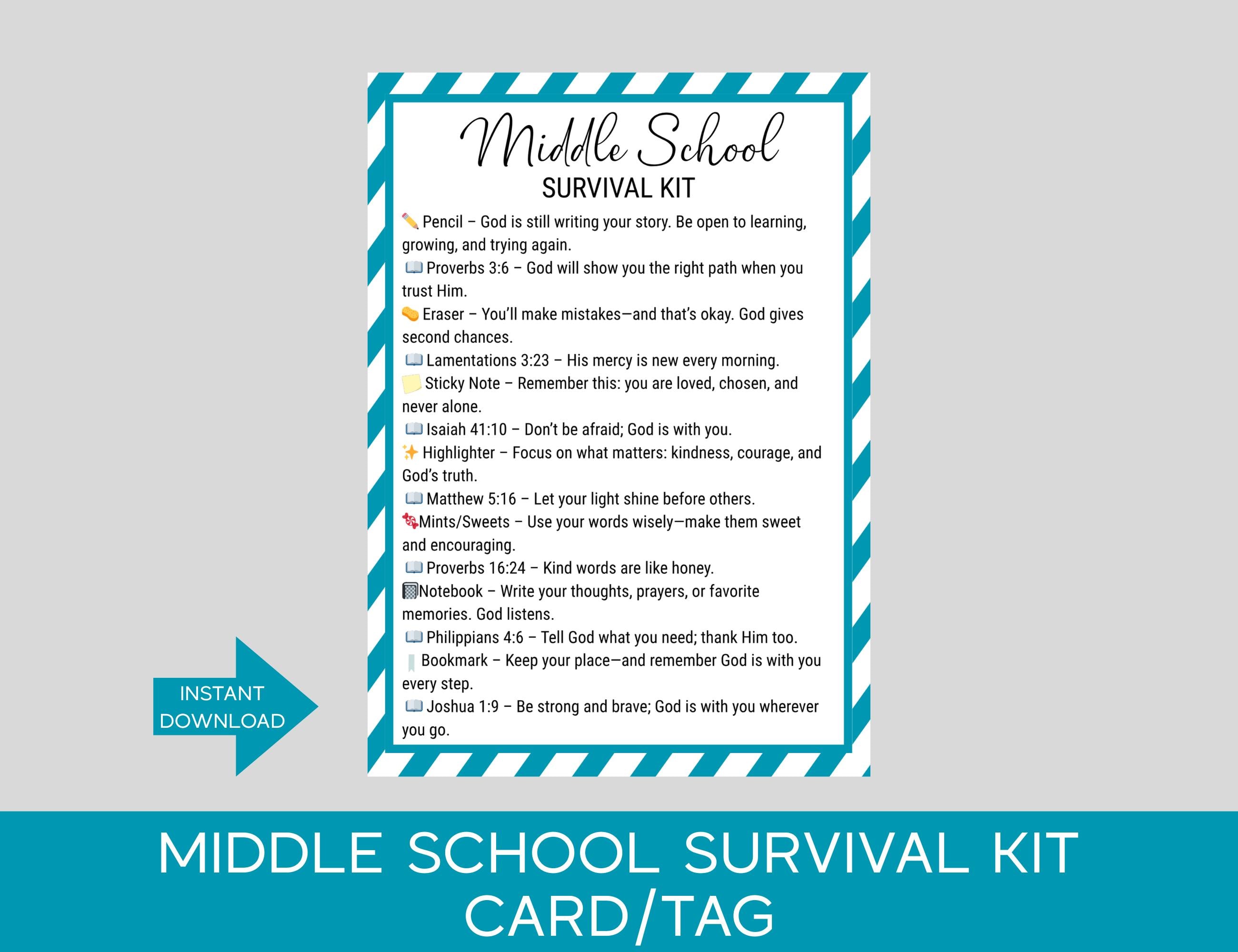 Printable Middle School Survival Kit Card/tag Faith Filled Kit, Back to ...