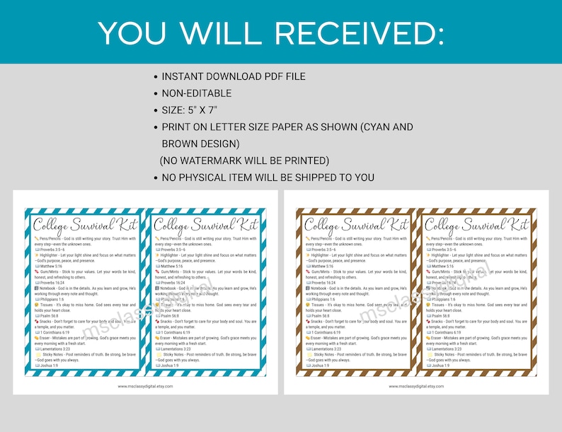 Printable College Survival Kit Card/tag Faith Filled Kit, High School ...