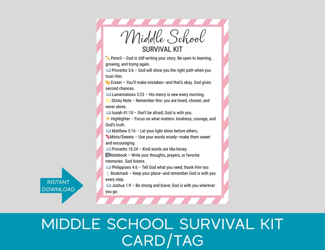 Printable Middle School Survival Kit Card/tag Faith Filled Kit, Back to ...