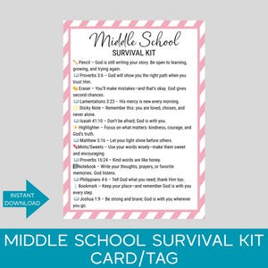 Printable Middle School Survival Kit Card/tag Faith Filled Kit, Back to ...