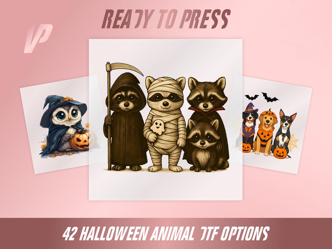 42 Halloween Animal Ready to Press Dtf, Cute Cat Dog Owl Raccoon Print ...