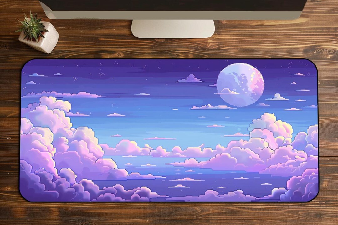 Pixel Art Moon Desk Mat, Purple Pixel Art Desk Mat, Pixel Art Sky Desk ...