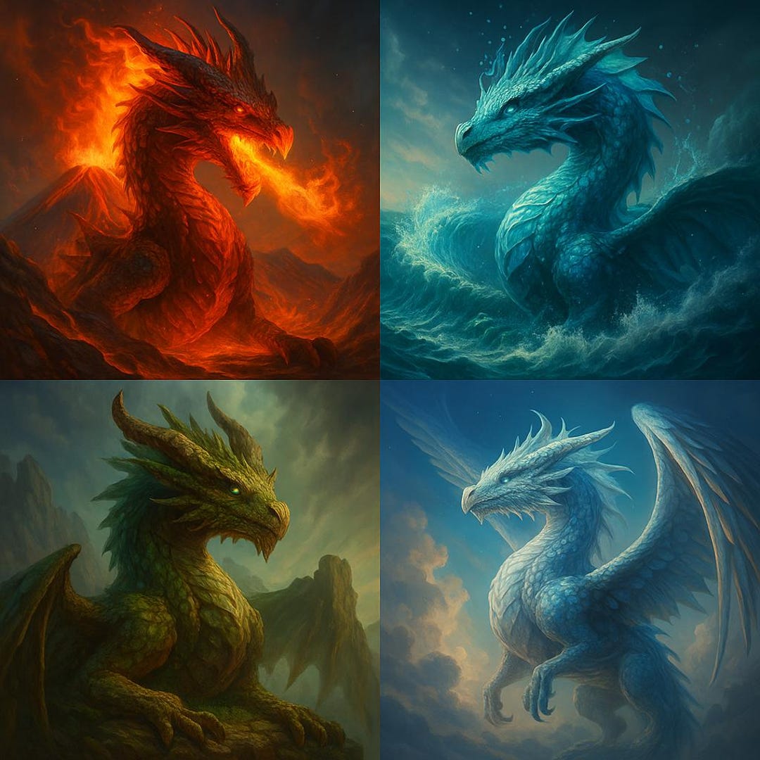 Elemental Dragon Wall Art Bundle 4 Digital Fantasy Posters Fire Earth ...