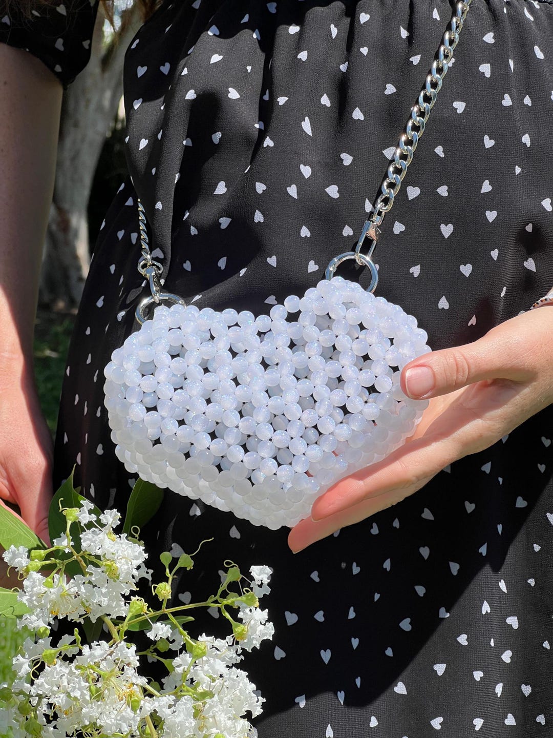 Heart Shaped Beaded Bag – Pearl White Crossbody Clutch, Handmade Mini ...