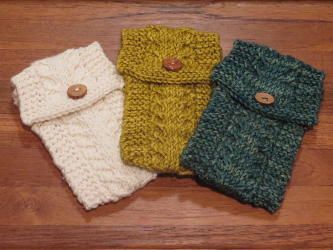 Hand Knit Merino Wool Cell Phone Pouch – Cabled Design, Wood Button ...