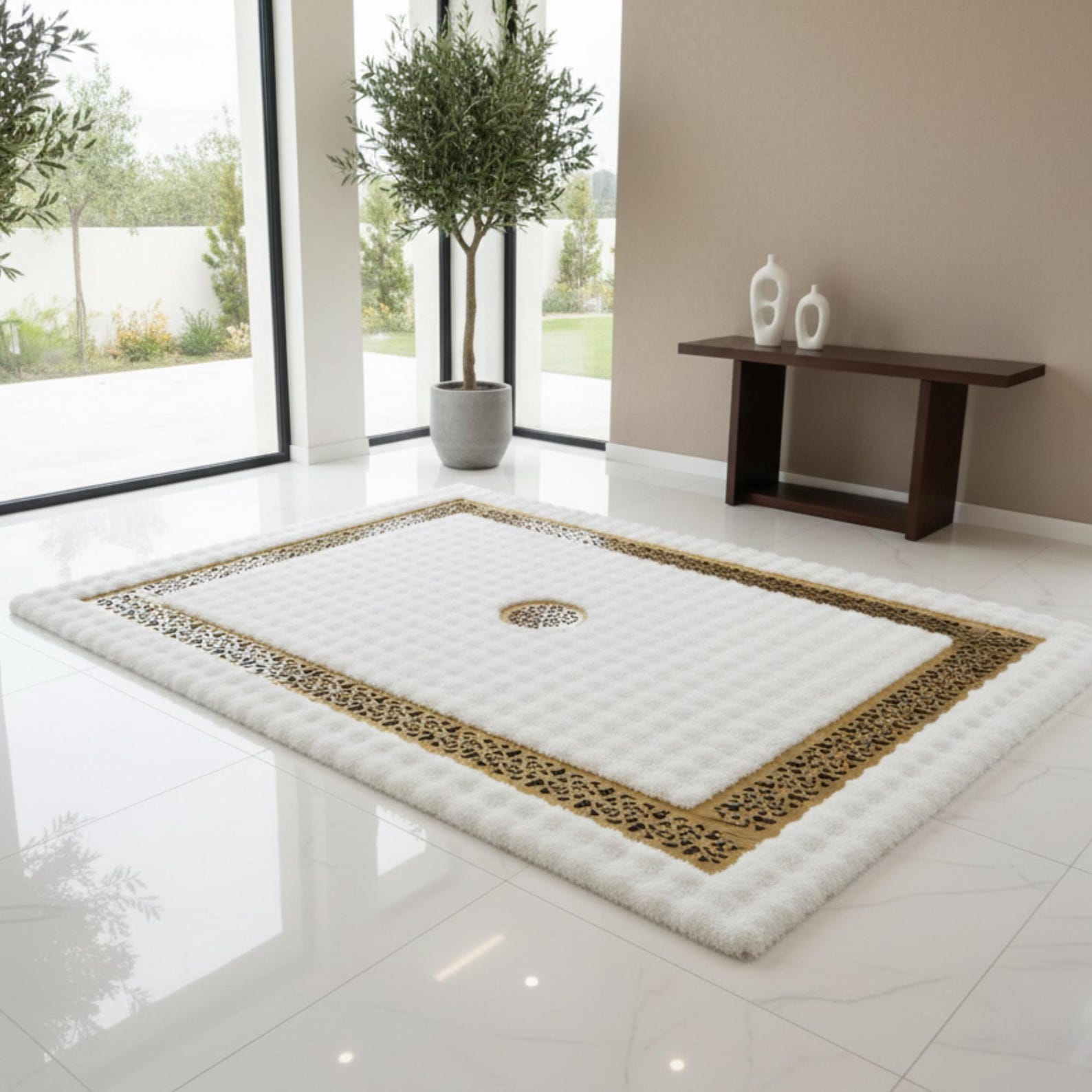 White Plush Rug, Gold Border Area Rug, Luxury Sculpted Fur Carpet, Glam ...