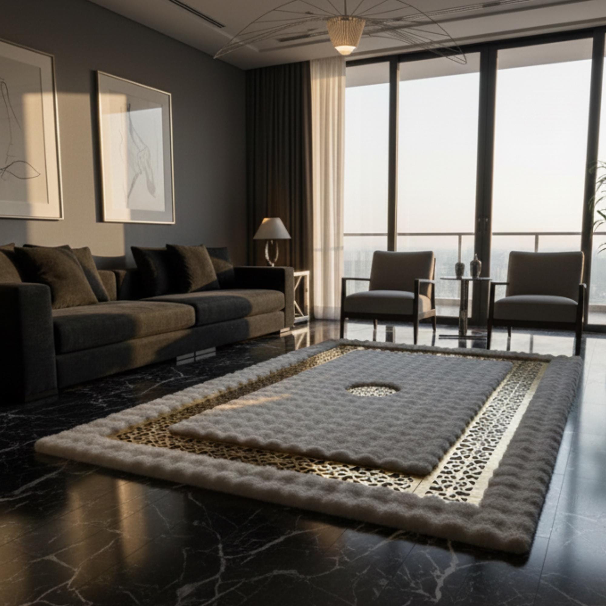White Plush Rug, Gold Border Area Rug, Luxury Sculpted Fur Carpet, Glam ...
