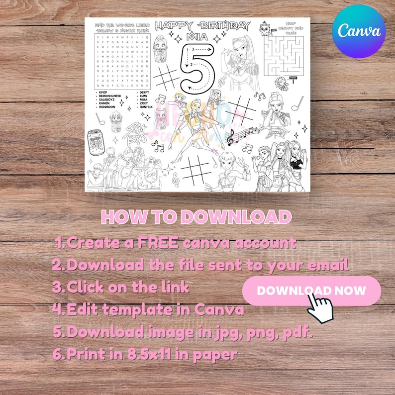 Kpop Demon Hunters Activity Sheet Coloring Placemat Editable Template ...