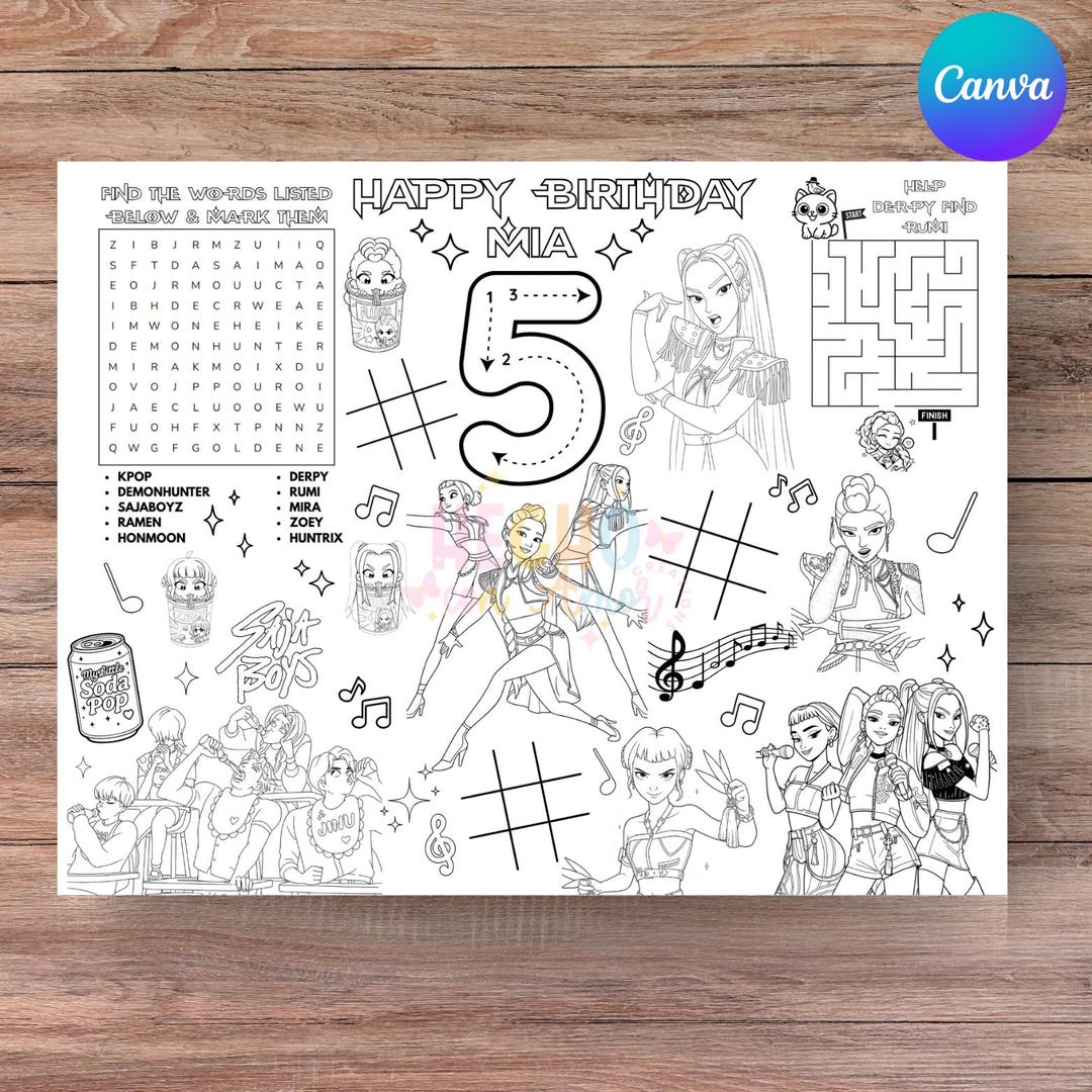 Kpop Demon Hunters Activity Sheet Coloring Placemat Editable Template ...