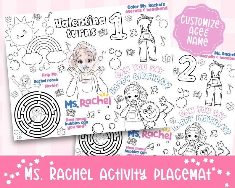 Ms. Rachel Birthday Activity Placemat | Editable Coloring Page (digital ...