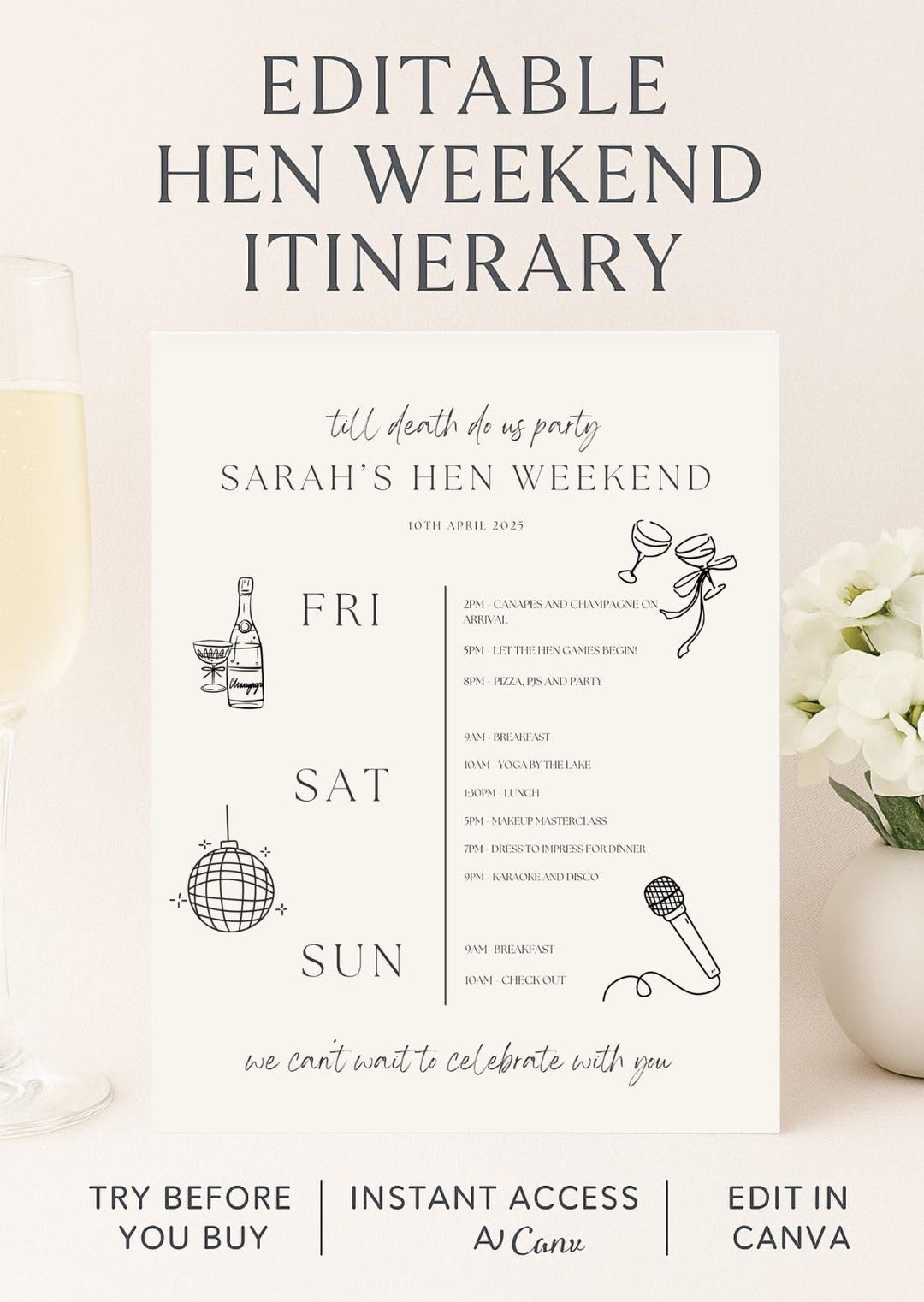 Editable Hen Party Itinerary Template | Canva Printable | Bachelorette ...