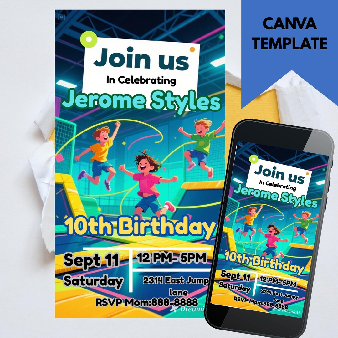 Trampoline Party, Jump and Play Invite, Bounce Party Invitation, Gamer Jump Celebration Card ...