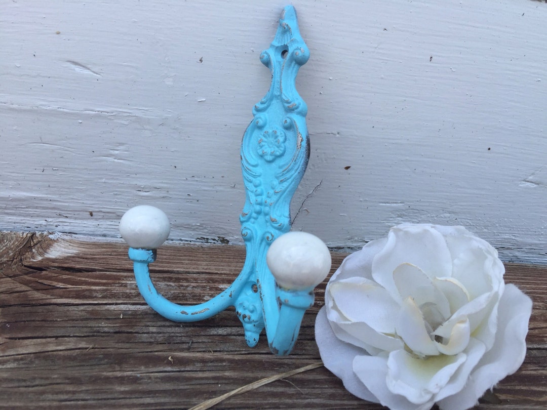 Aqua Blue Shabby Chic Hook With Ceramic Knobs - Etsy