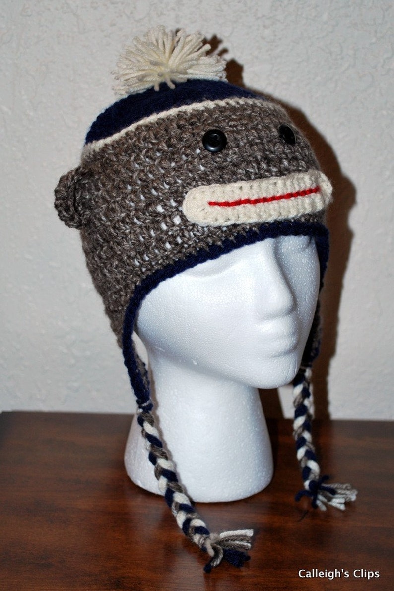 Sock Monkey Earflap Hat Customize Your Colors NB Kids - Etsy