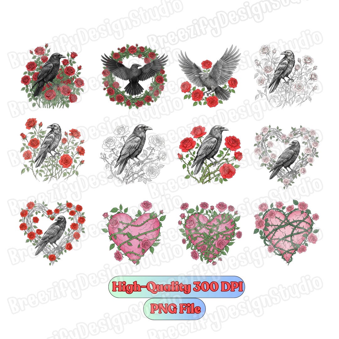 Gothic Raven Rose PNG Bundle - Dark Floral Heart Crow, Vintage Romantic ...