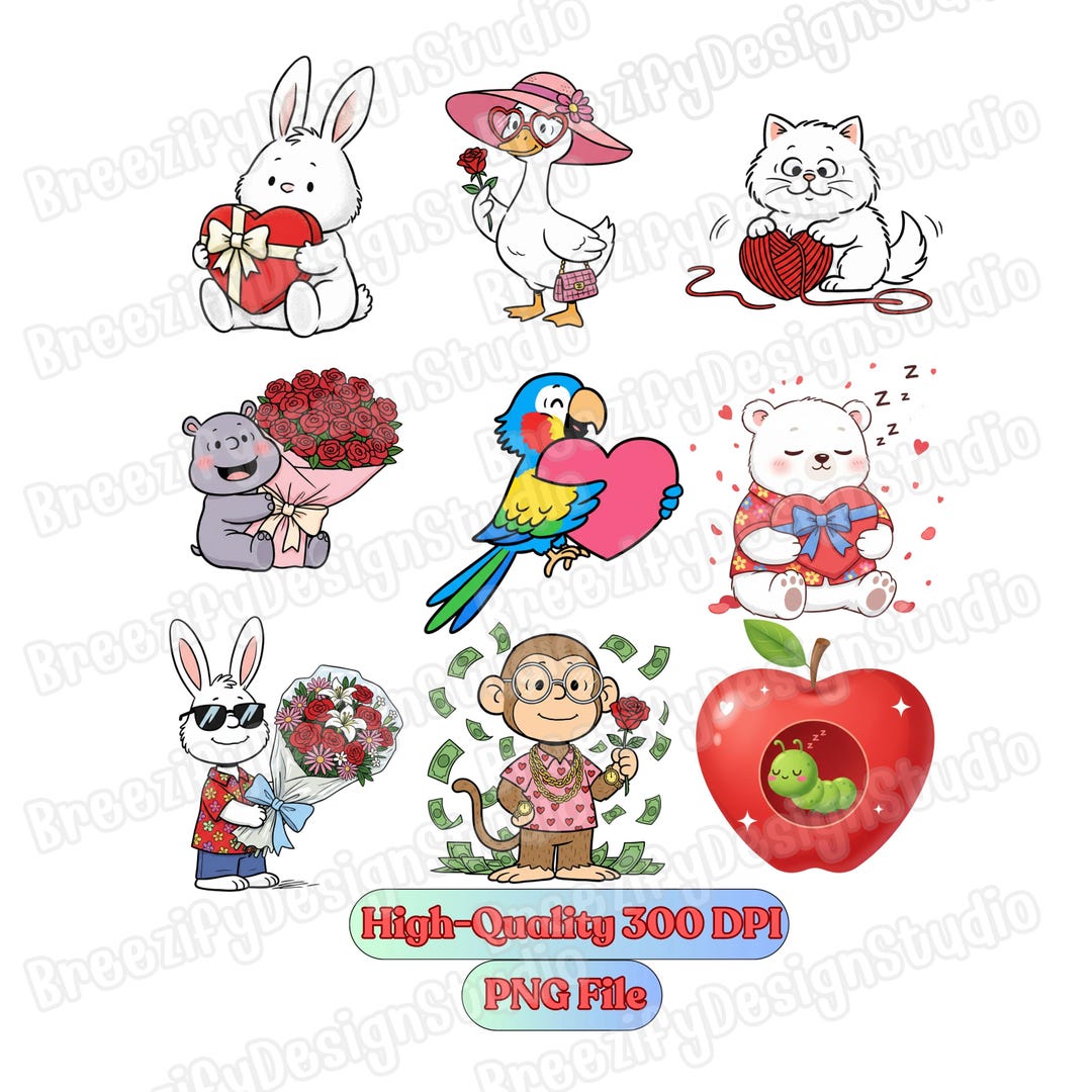 Valentine Animals Clipart PNG Bundle, Kawaii Love Animals, Heart Gift ...