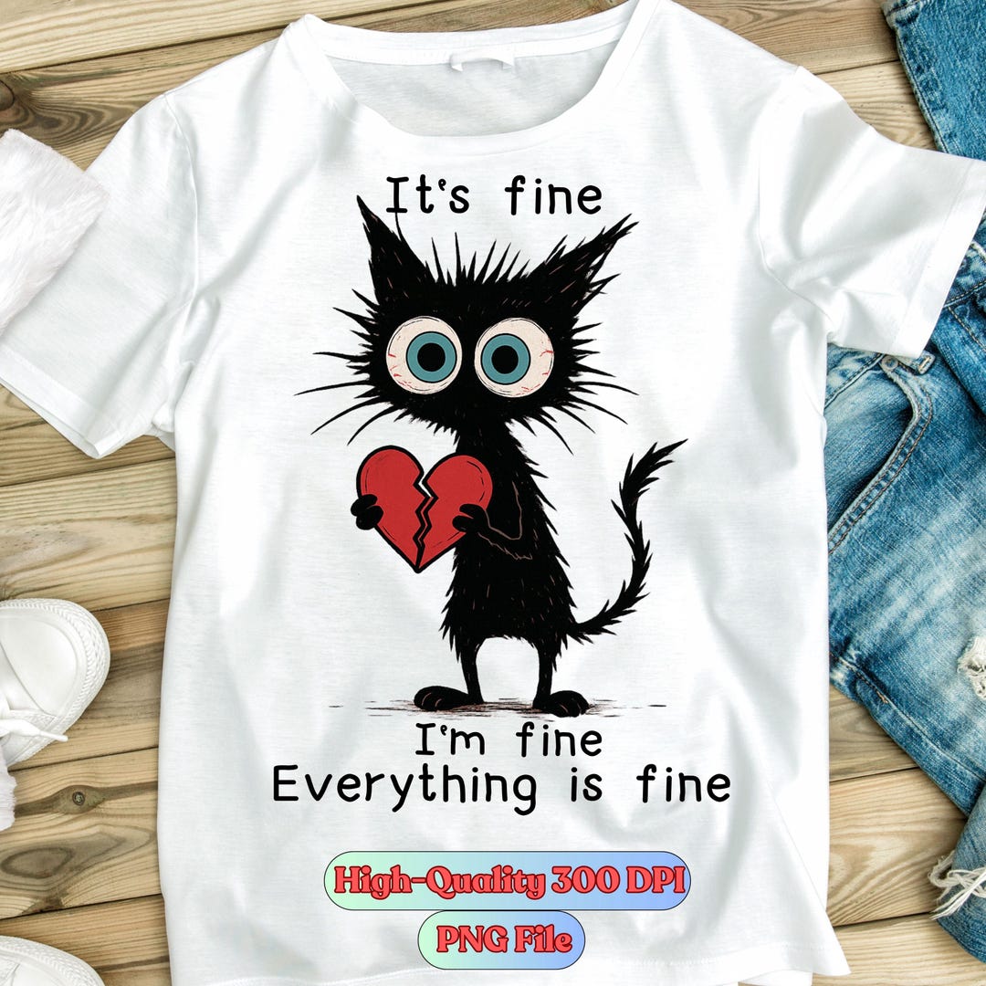 It's Fine I'm Fine Everything is Fine PNG, Sad Black Cat Holding Broken ...
