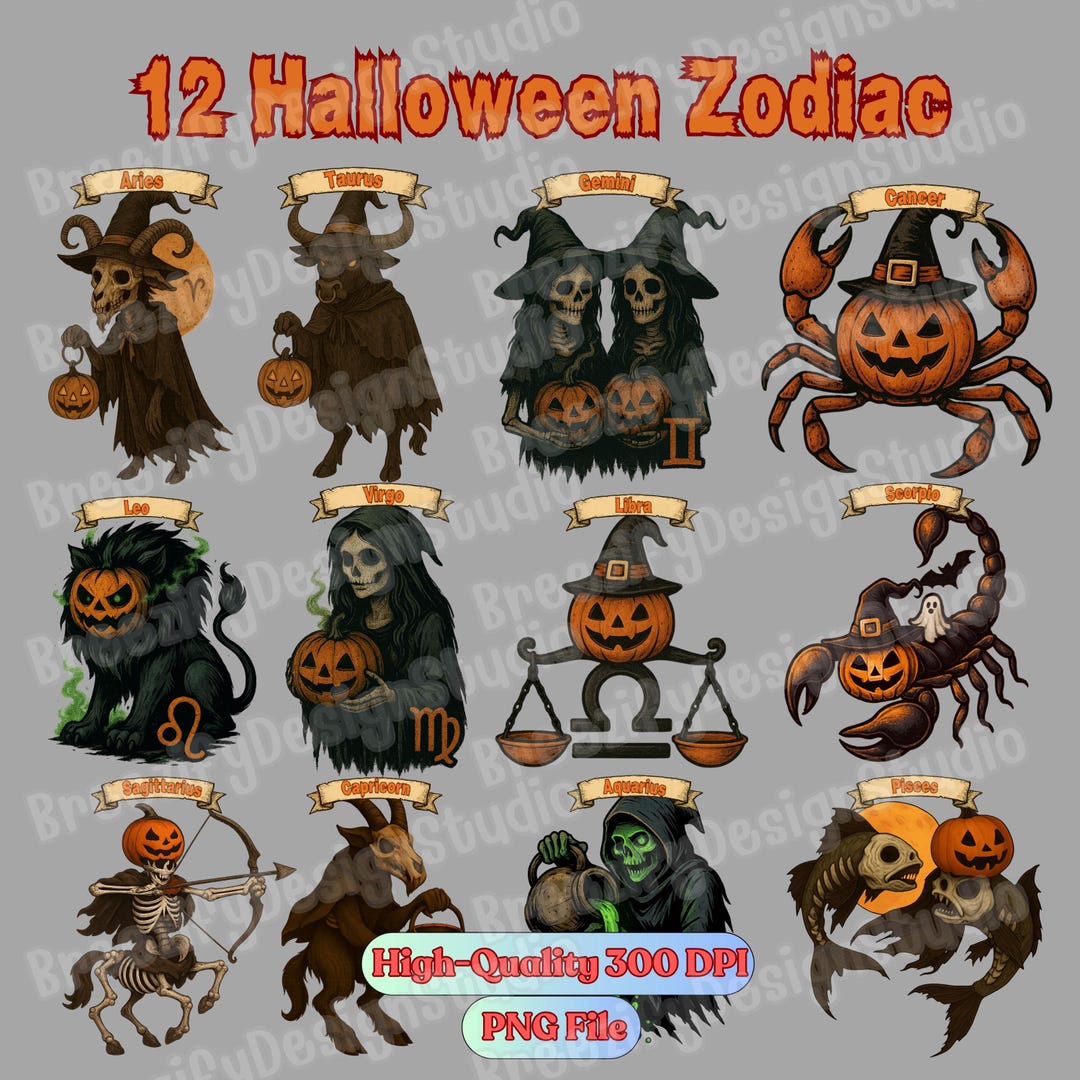 12 Halloween Zodiac Signs PNG Bundle – Spooky Astrology Clipart Set ...