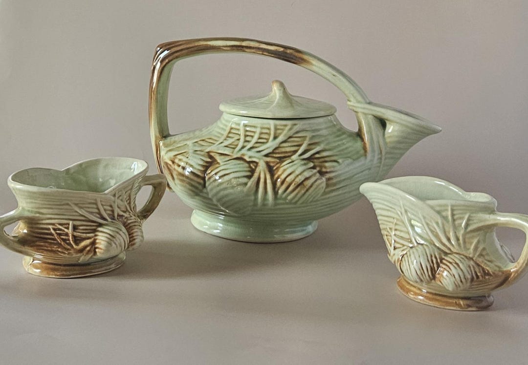 Vintage Mccoy Pine Cone Tea Set – Teapot, Creamer & Sugar – Mint Green ...