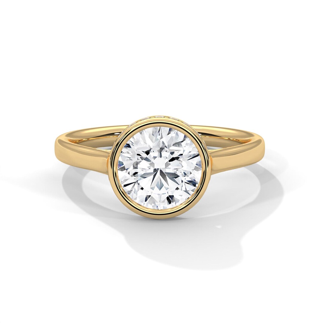 Bezel Set Lab Diamond Halo Engagement Ring: 1.92 Carat Round, 14K/18K ...