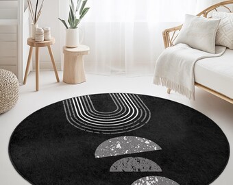 Luxury Sunburst Round Rug – Modern Neutral White & Black Carpet ...