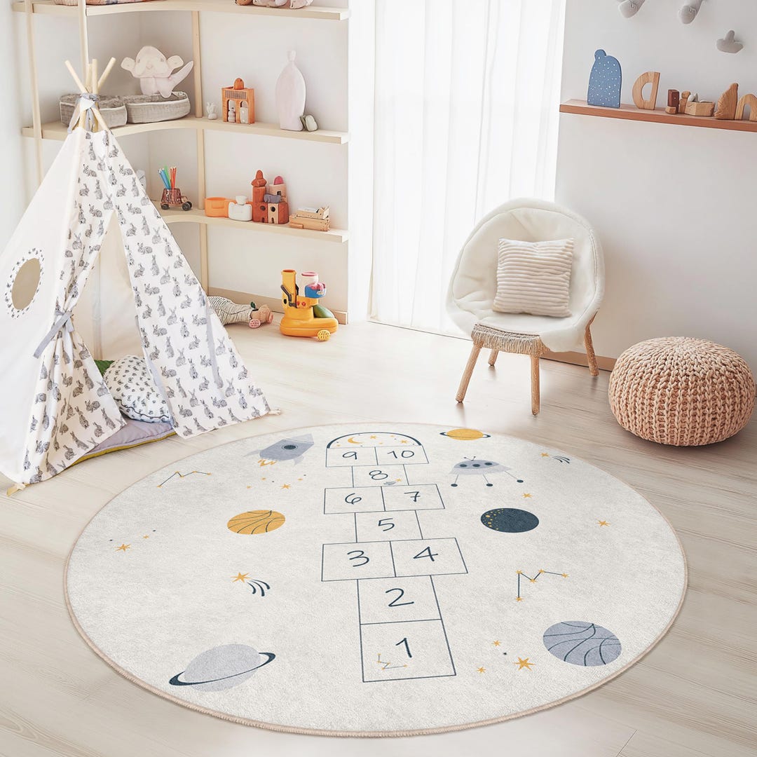 Space-themed Round Kids Play Rug, Hopscotch Design Play Mat, Fun Kids ...