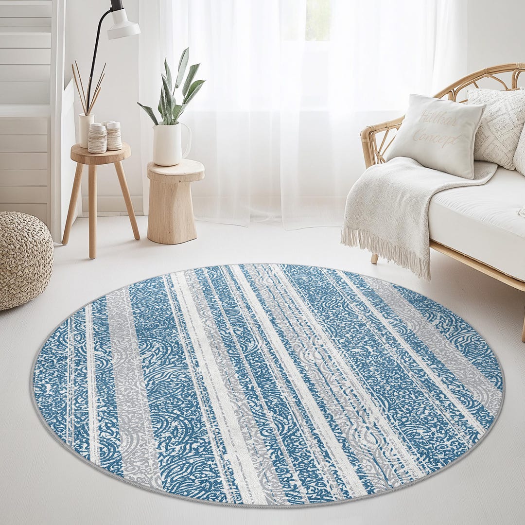 Elegant Blue Striped Round Area Rug, Vintage Floral Design Carpet, Soft ...