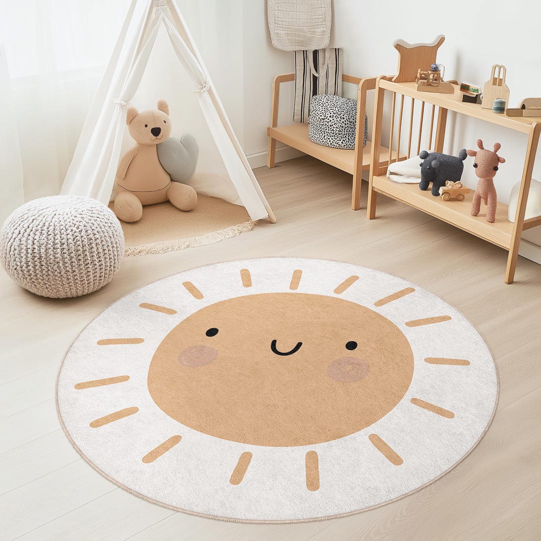 Cute Smiling Sun Round Kids Rug, Playful Sun Design Rug, Childrens Room ...
