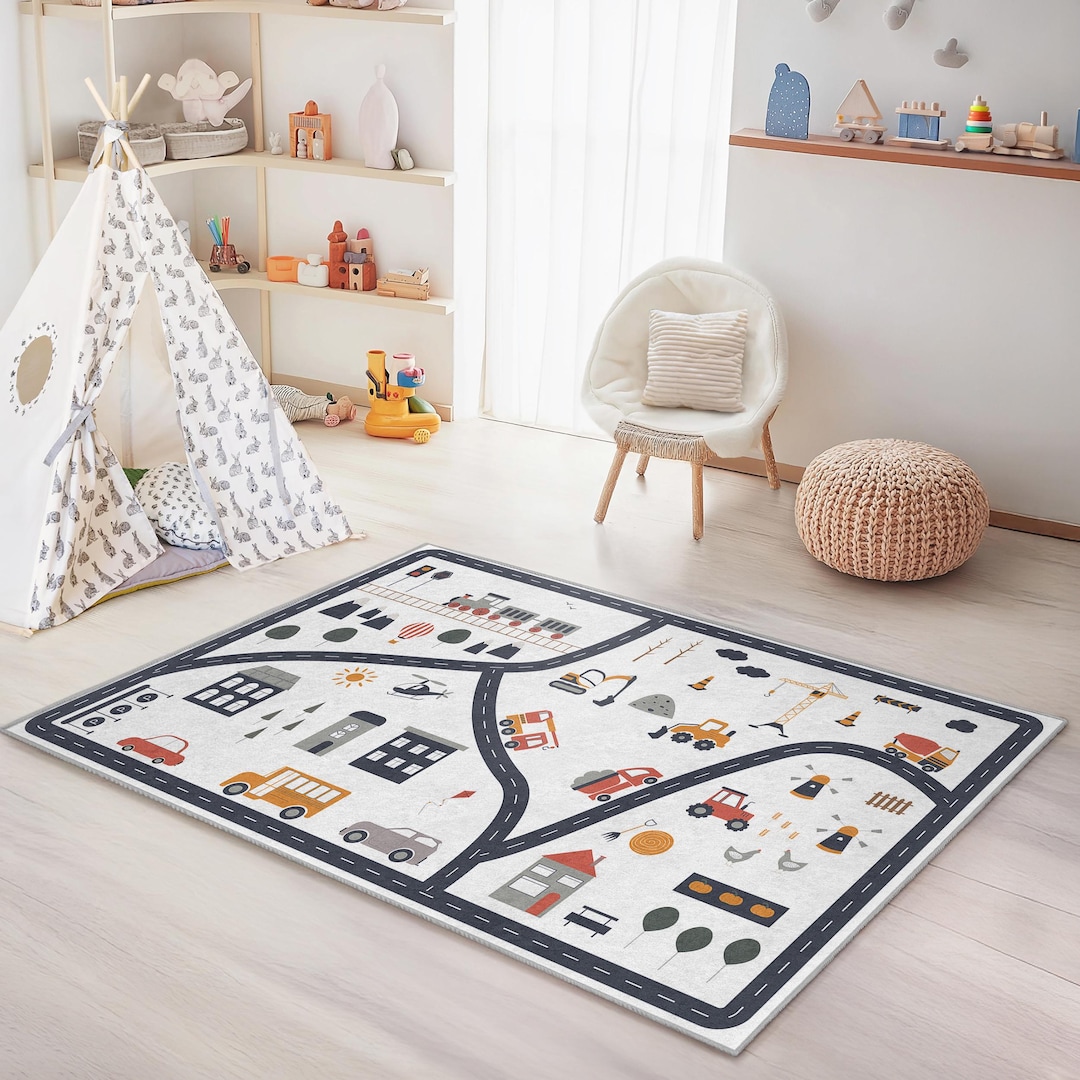 Colorful City Road Play Rug for Kids, Interactive Road Map Carpet, Fun ...