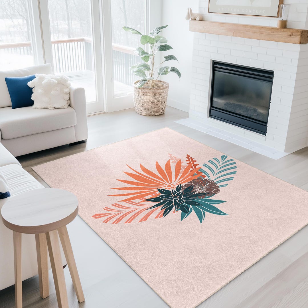 Tropical Floral Rectangular Area Rug, Modern Boho Decor, Indoor Living ...