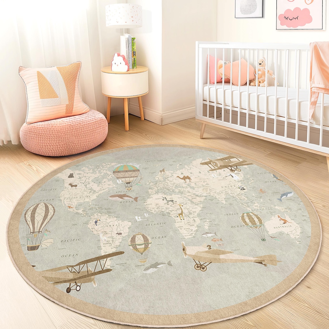 Vintage World Map Round Rug, Hot Air Balloon Kids Rug, Travel Theme ...