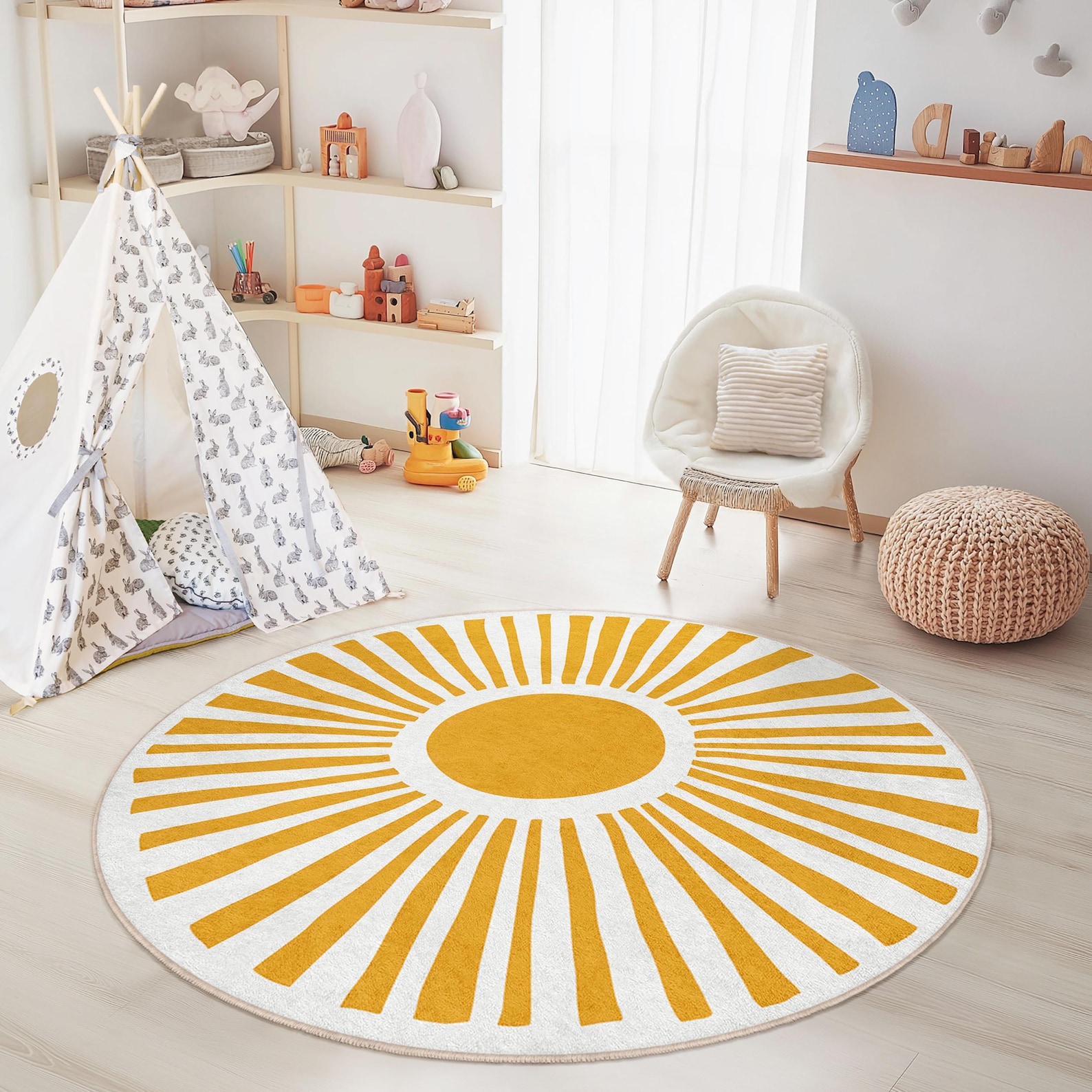 Sunburst Round Kids Play Rug, Yellow Sun Circle Rug, Circle Play Mat ...