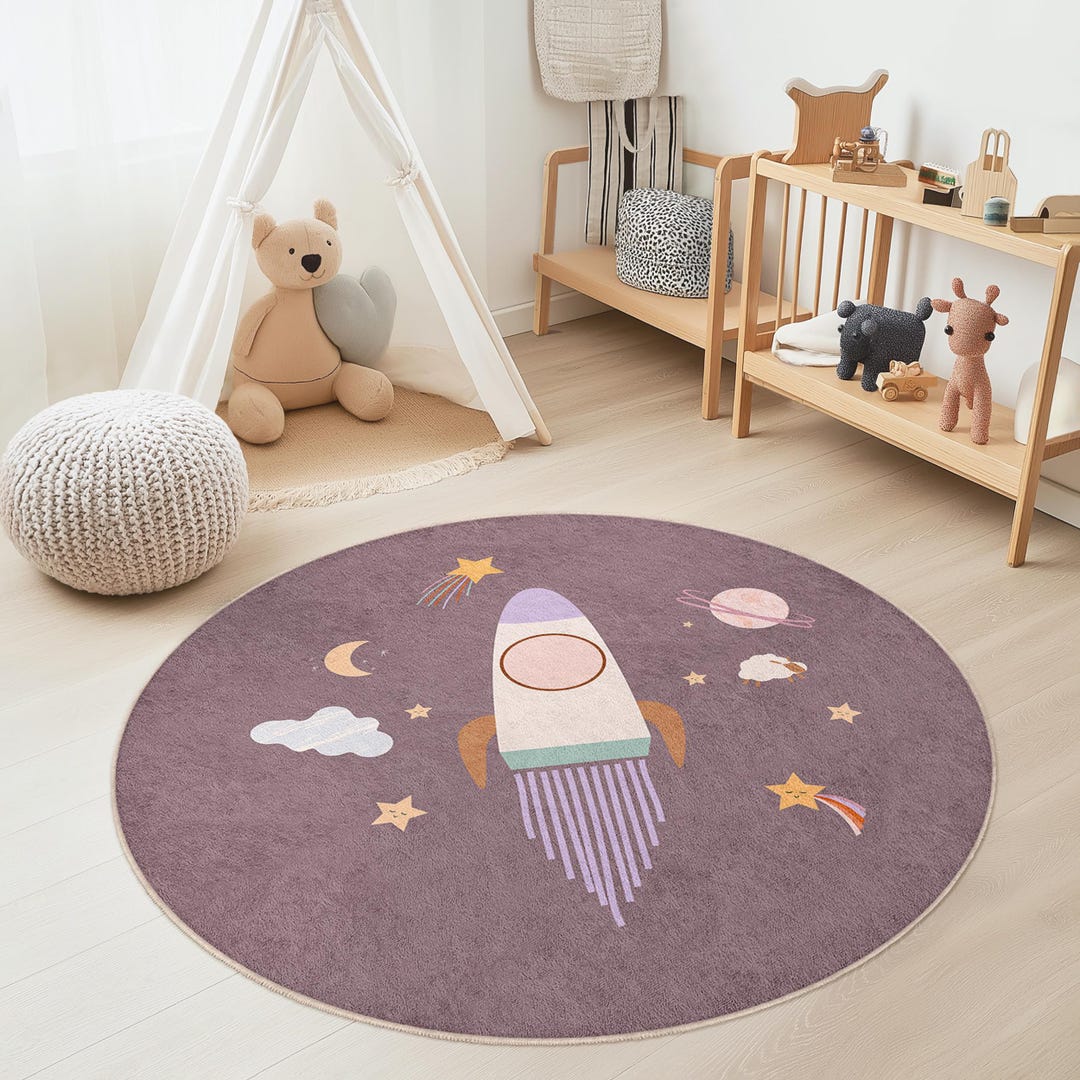 Rocket Space Themed Round Kids Rug, Outer Space Play Mat, Nursery Decor ...